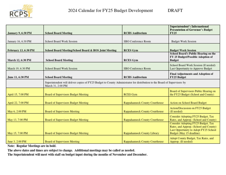 RCPS Budget Development Calendar For FY25 | PDF | Government | Government Finances
