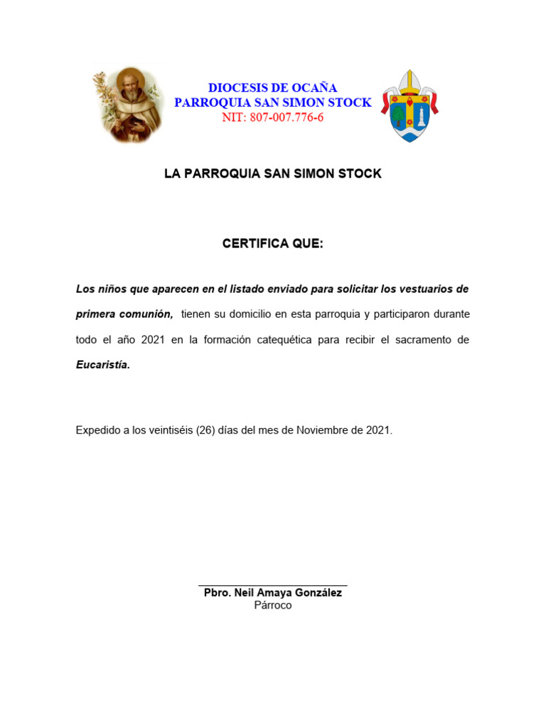 Certificado Primera Comunion | PDF