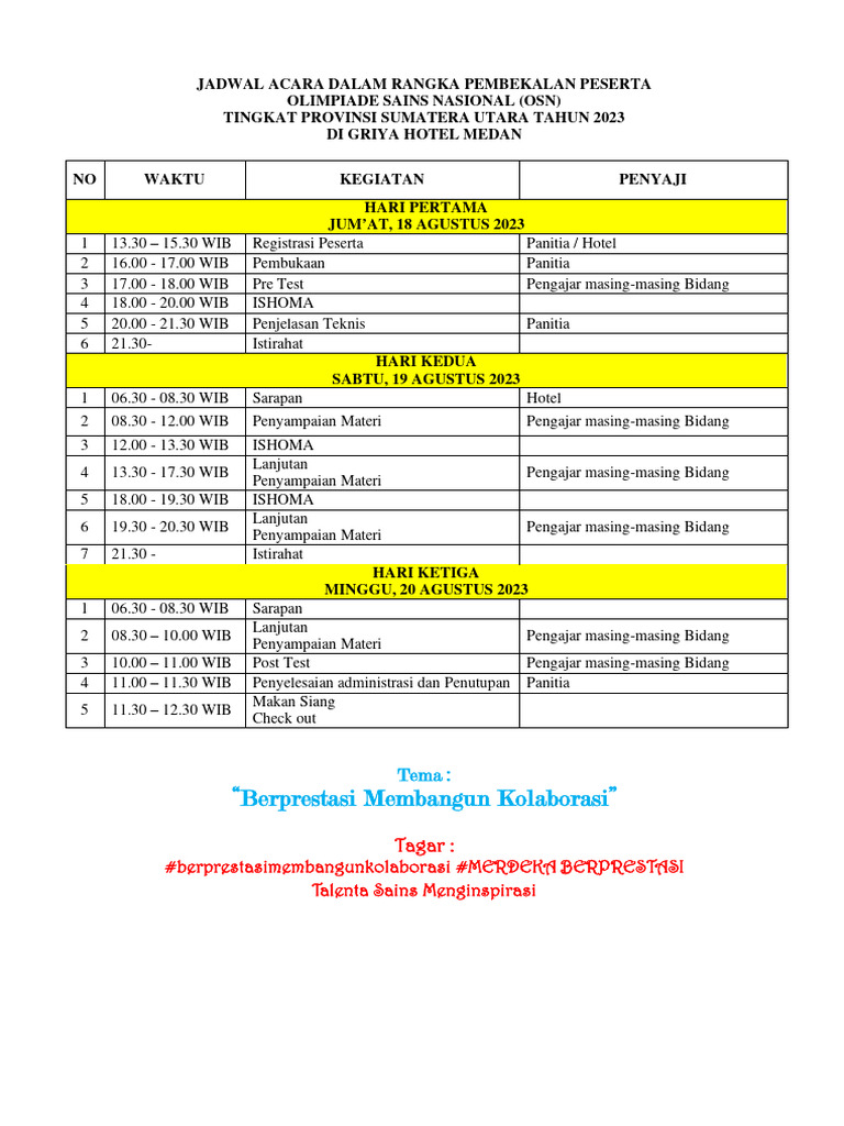 Jadwal Kegiatan Pembekalan OSN SUMUT 2023 | PDF