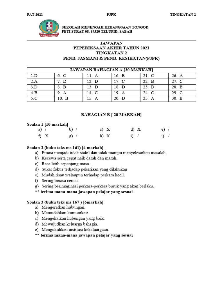 Jawapan Pat PJPK T2 2021 | PDF