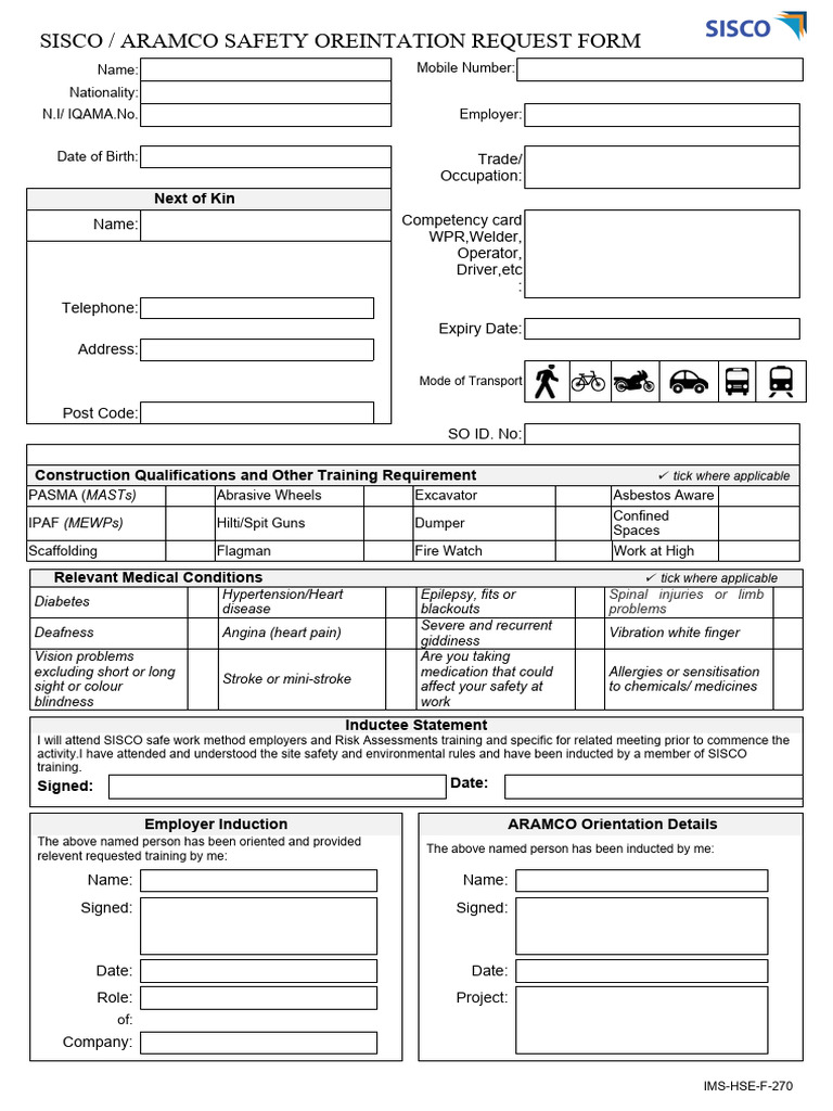 Ims-hse-f-270-Sisco - Aramco Safety Oreintation Request Form | PDF
