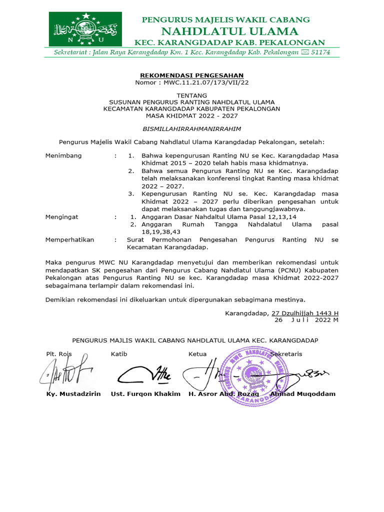 Rekomendasi Pengesahan Pengurus NU | PDF