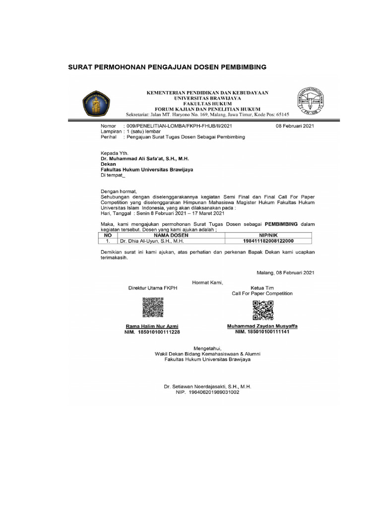 Surat Permohonan Pengajuan Dosen Pembimbing Proposal Kegiatan Lomba | PDF