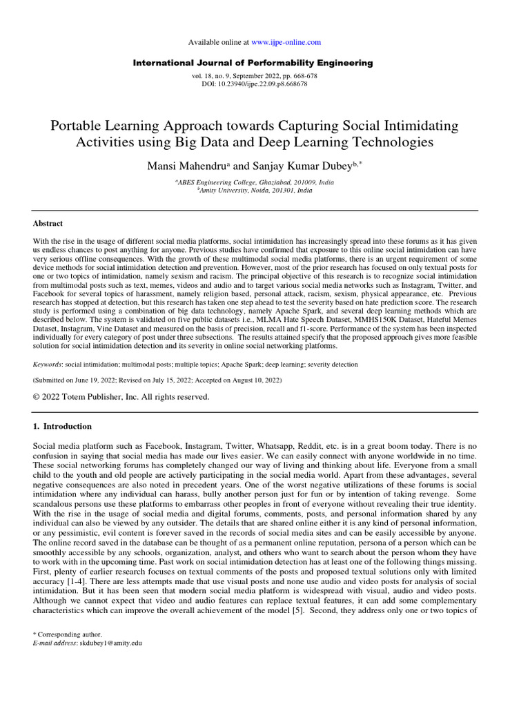 Portable Learning Approach Towards Capturing Social Intimidating Activities Using Big Data and ...