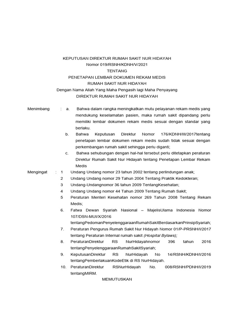KDNH No 019 TH 2021 Penetapan Lembar Dokumen Rekam Medis | PDF