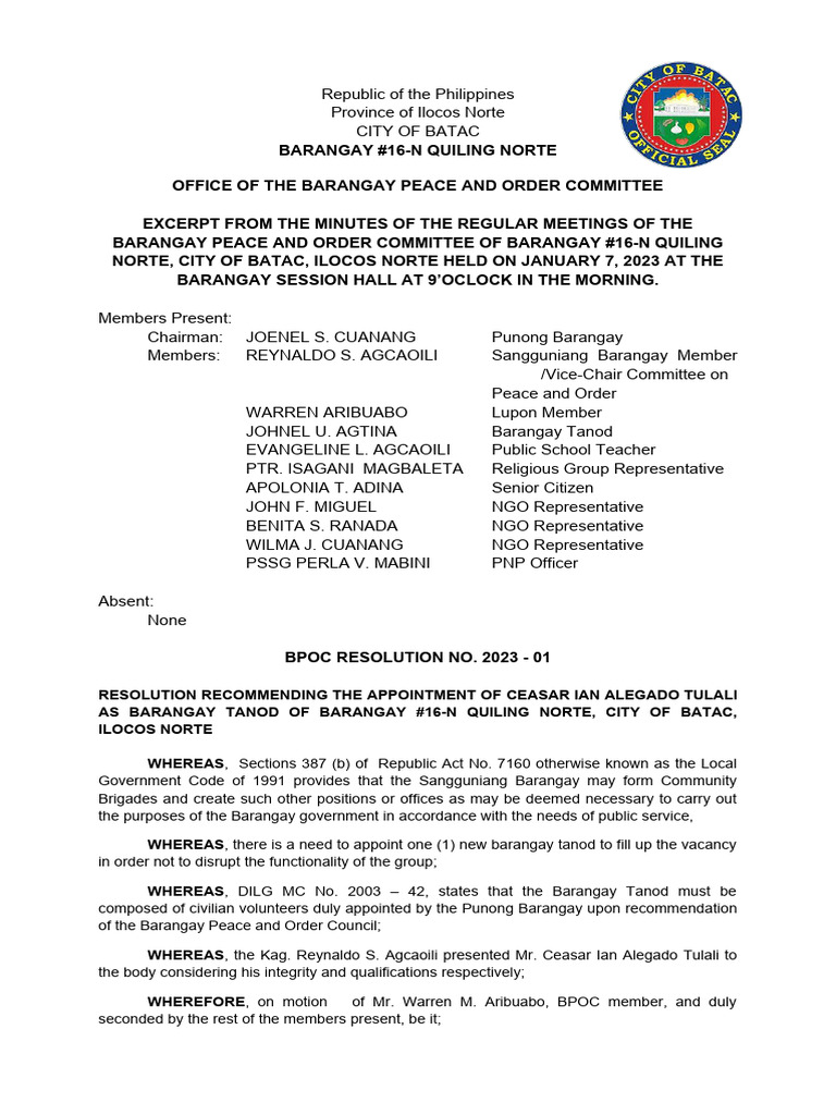 2023 Bpoc Resolution No. 2023-01 - Recommending The Appointment of New ...