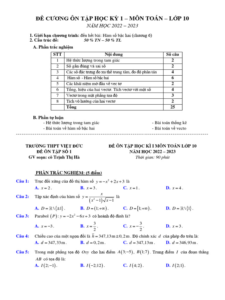 De On Tap Hoc Ki 1 Toan 10 Nam 2022 2023 Truong THPT Viet Duc Ha Noi | PDF