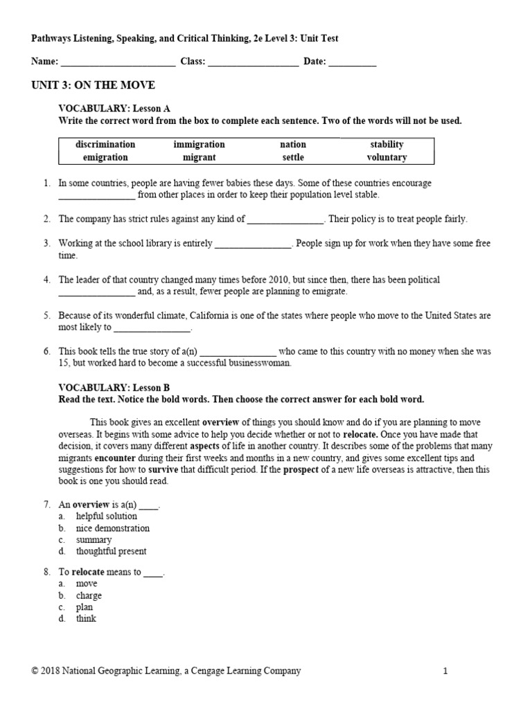 Pathways ls3 2e U03 Test | PDF | Thought