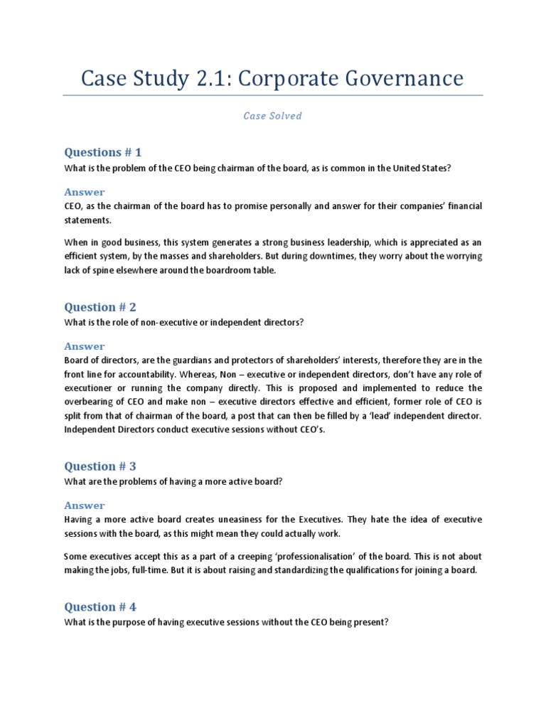 Case Study 2.1: Corporate Governance: Questions # 1 | PDF | Chief ...