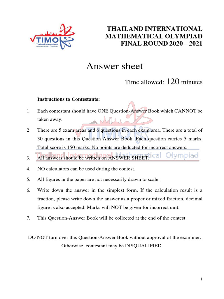 TIMO Answer Sheet | PDF | Mathematics