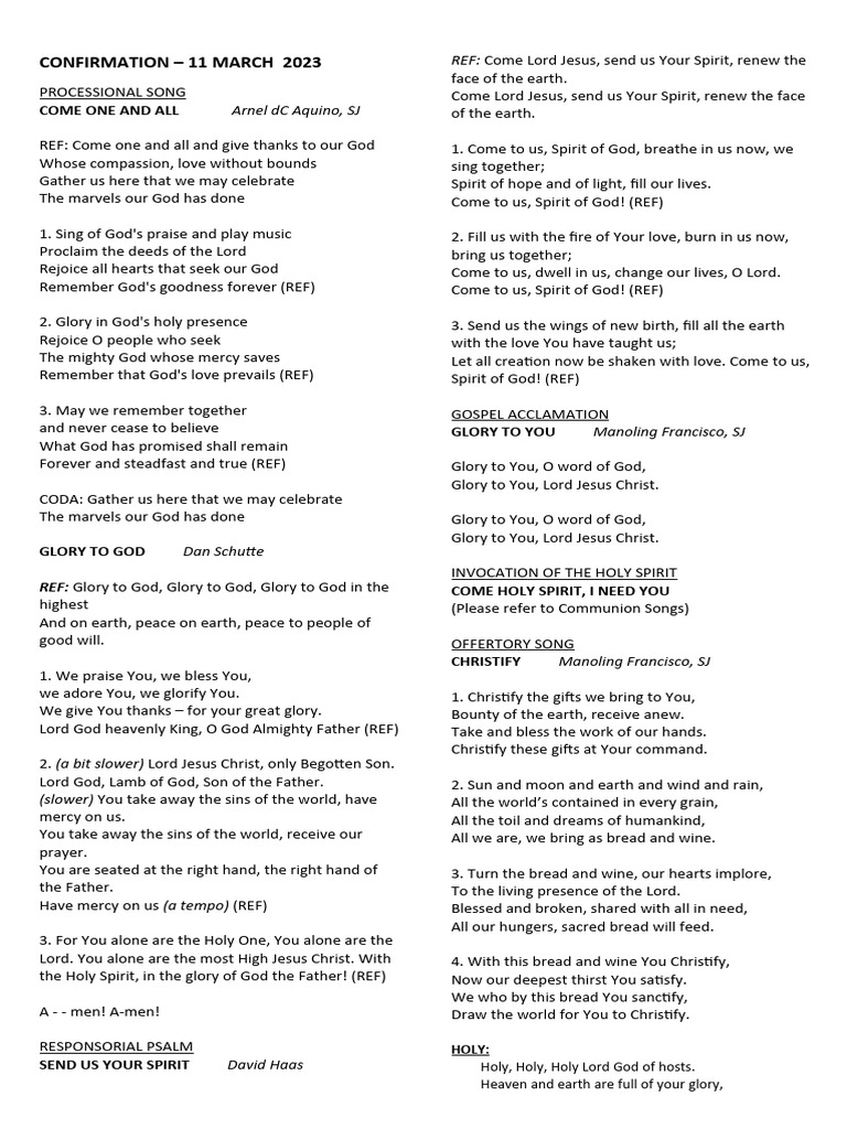 Songs for Confirmation Mass 2023 | PDF | Glory (Religion) | Eucharist