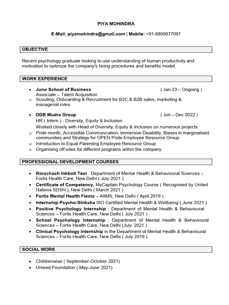 Piya Mohindra - Resume | PDF | Psychology | Behavioural Sciences