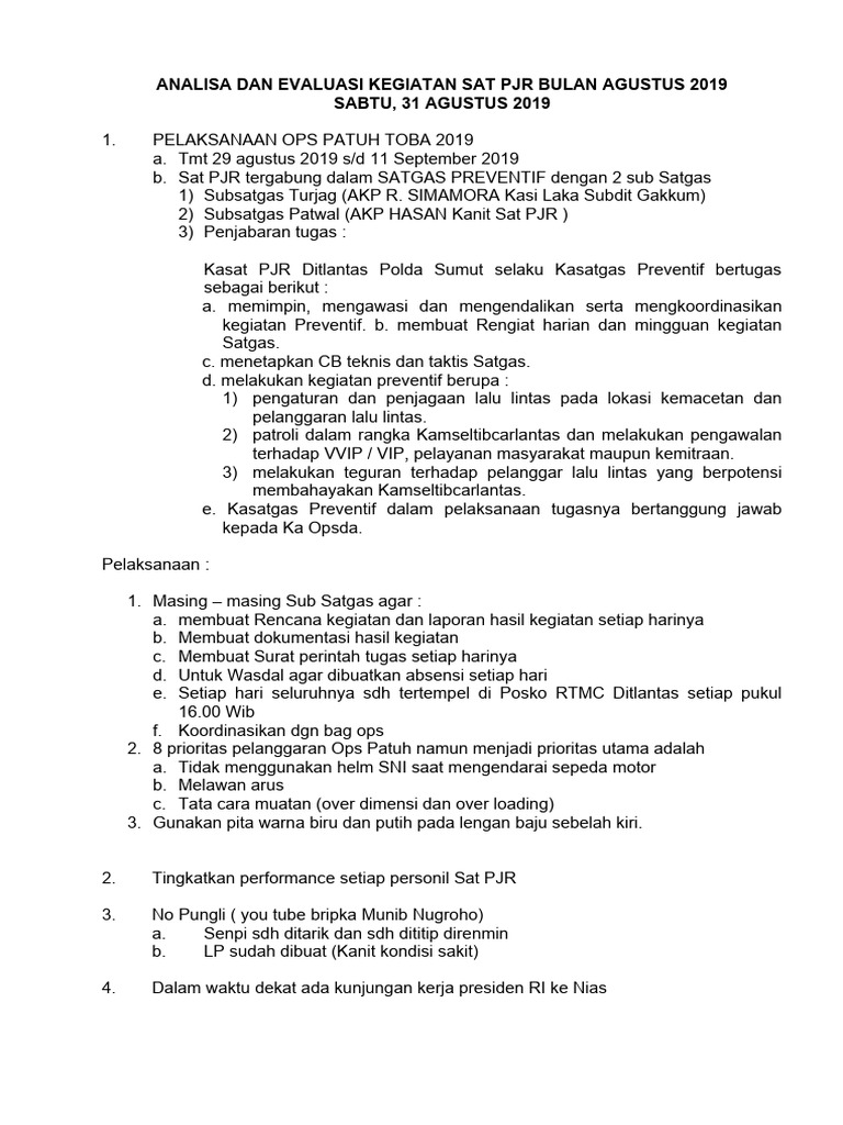 Analisa Dan Evaluasi Kegiatan Sat PJR Bulan Agustus 2019 | PDF