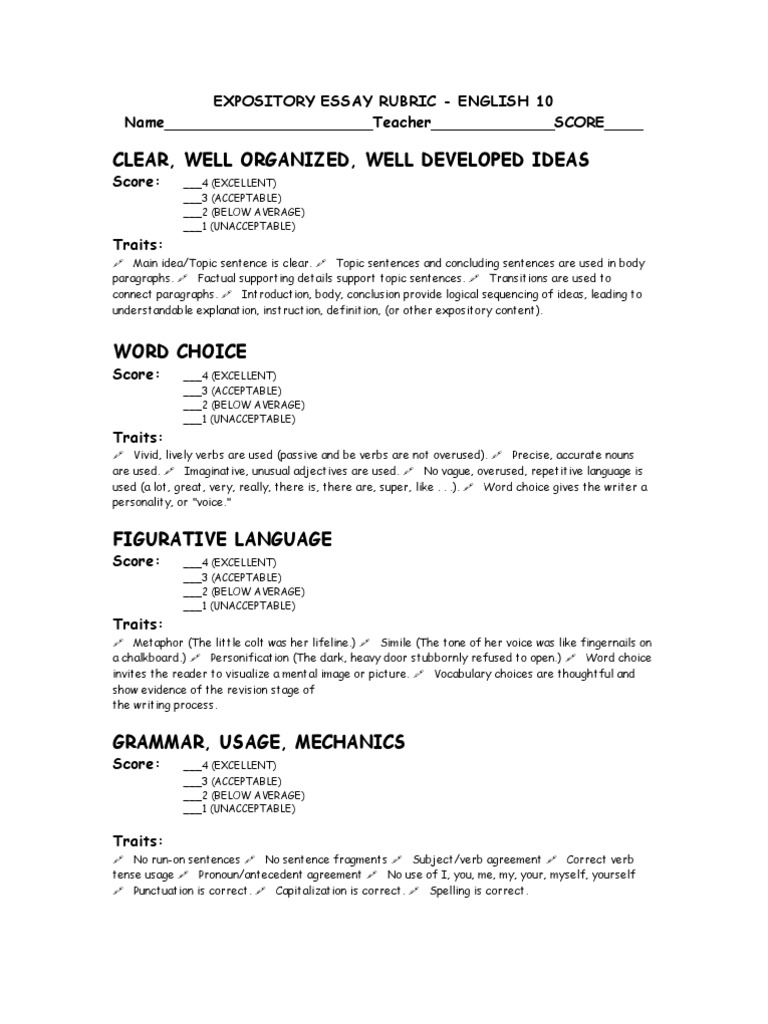 Expository Essay Rubric for Grade 10 | PDF