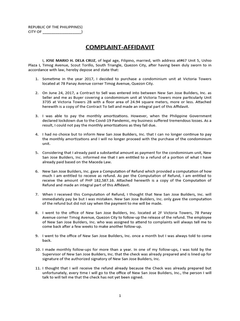 Complaint Affidavit - Small Claims - JOSE MARIO H DELA CRUZ | PDF