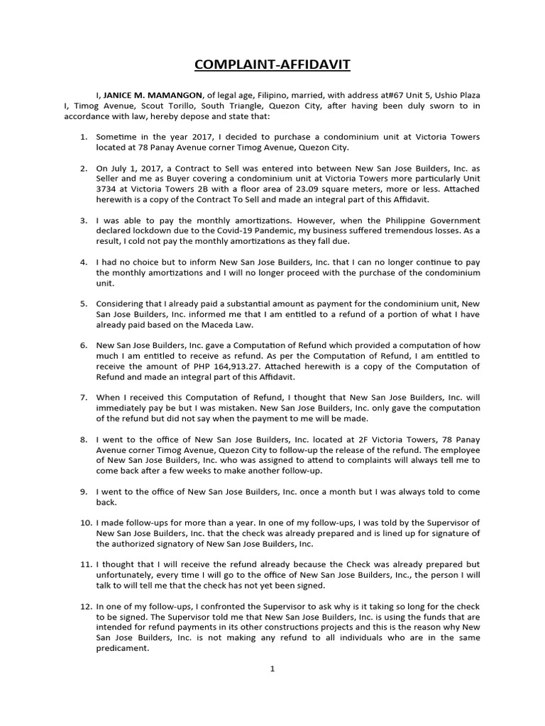 Complaint Affidavit - Small Claims - Janice M Mamangon | PDF | Affidavit | Common Law