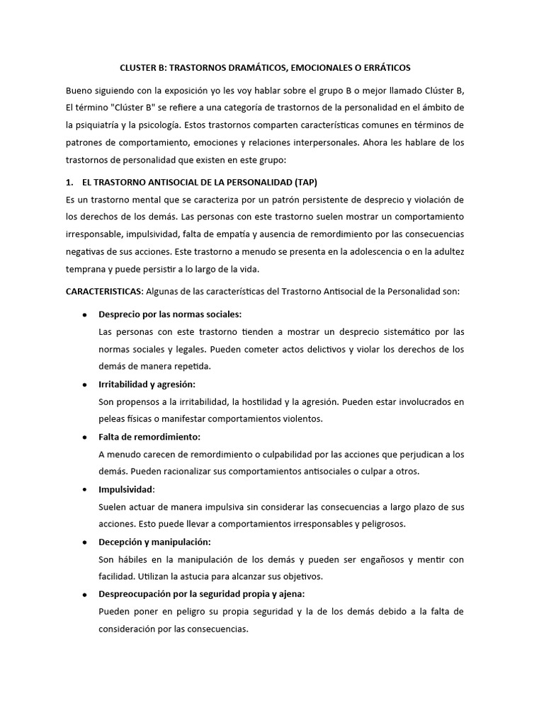 Cluster B Psicologia | PDF | Trastorno límite de la personalidad | Las ...