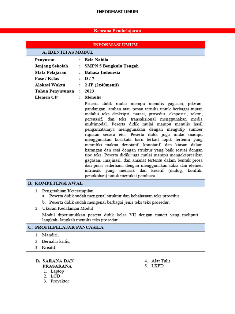 Bela Nabila Aksi Nyata Topik 3 RPP TARL PPA | PDF | Seni & Disiplin Bahasa | Seni