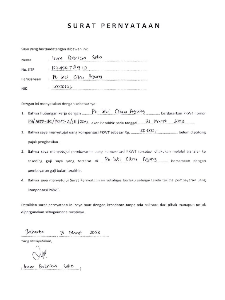 Contoh Pengisian Surat Pernyataan | PDF