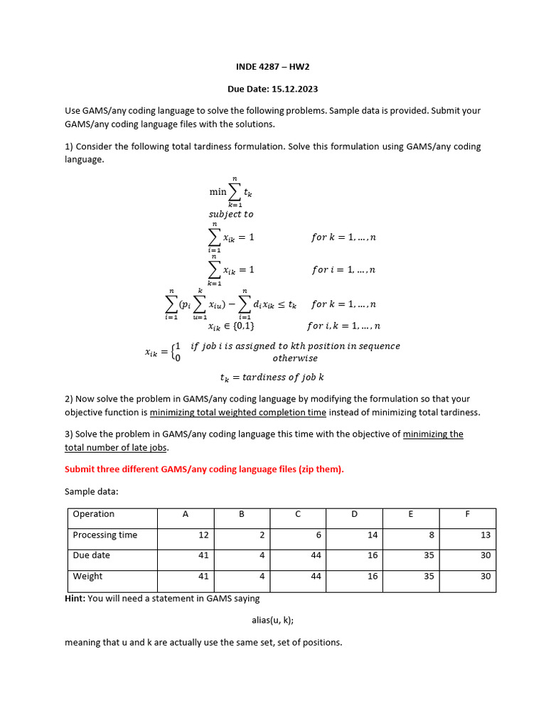 Inde4287 Hw2 Gams | PDF | Applied Mathematics | Computer Programming