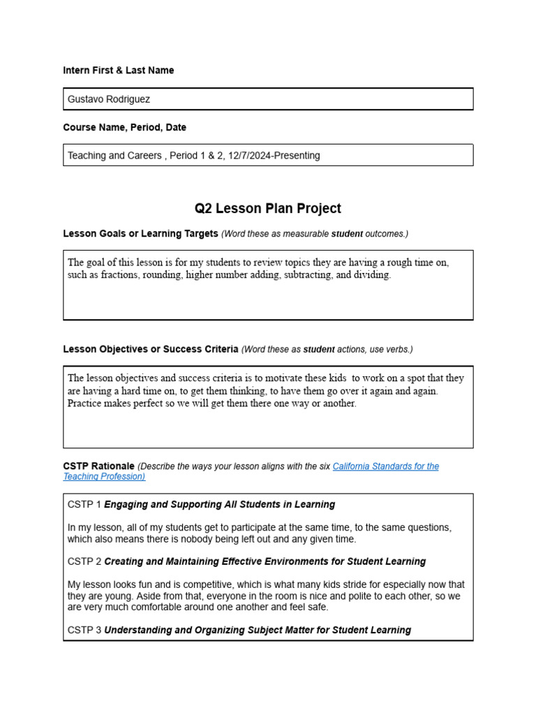 q2 CSTP Lesson Plan Template 2 1 5 | PDF | Lesson Plan | Intelligence