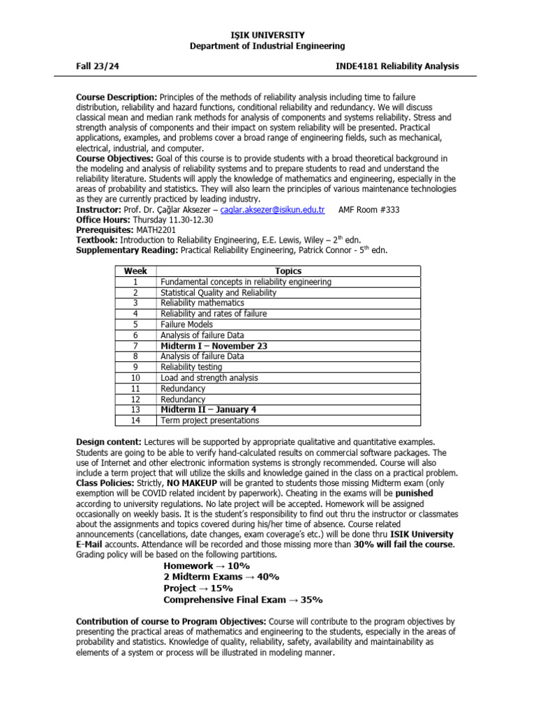 Syllabus | PDF | Reliability Engineering | Analysis