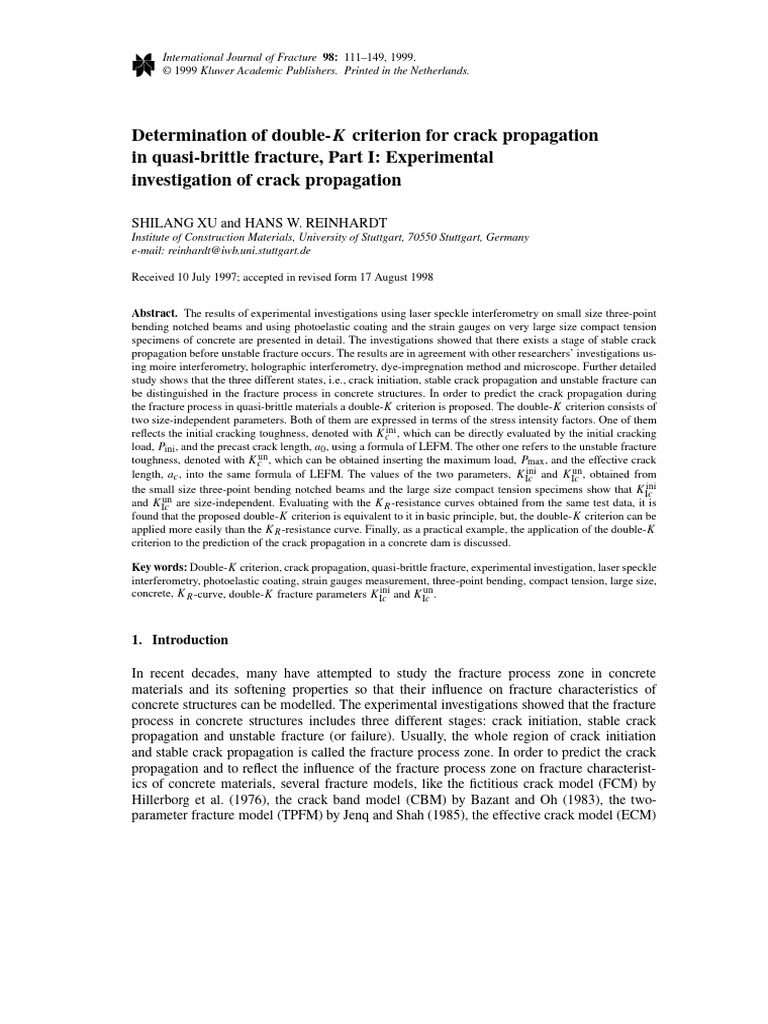 Determination of Double-K Criterion For Crack Propagation in Quasi-Brittle Fracture, Part I ...