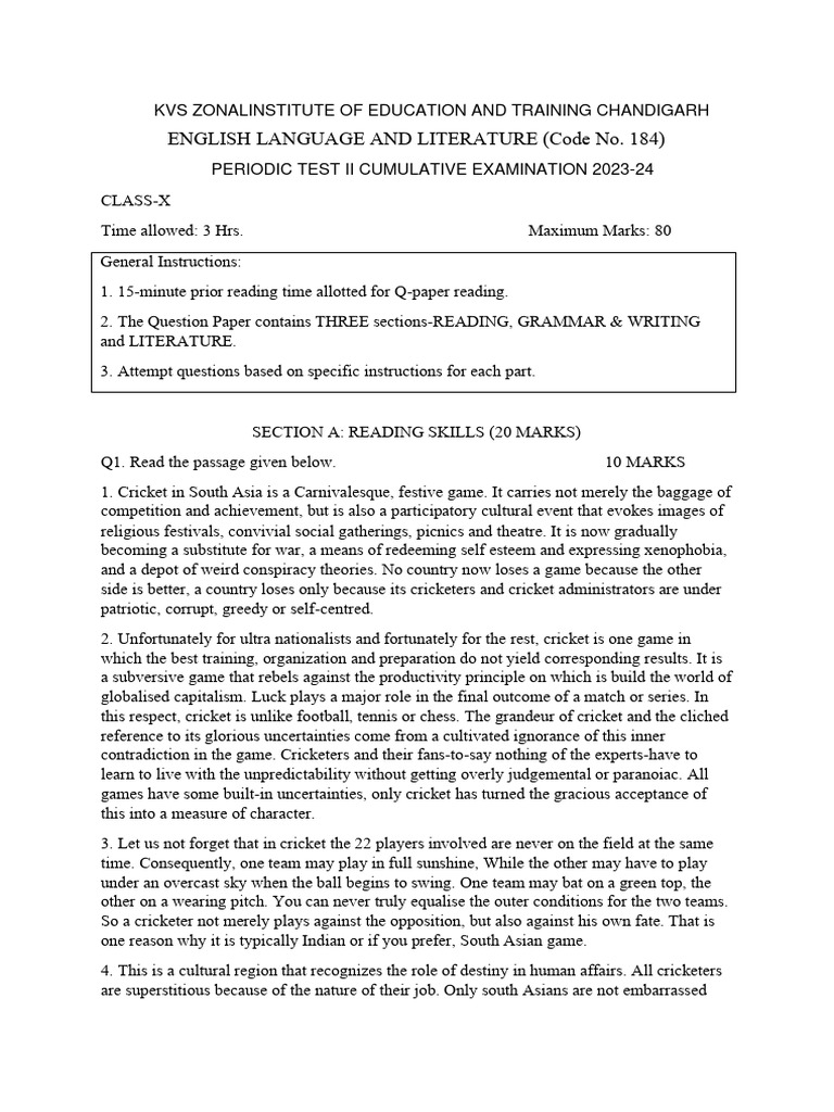 Practice Paper X English PT 2 Cummulative Test 2023-24 | PDF | Social ...