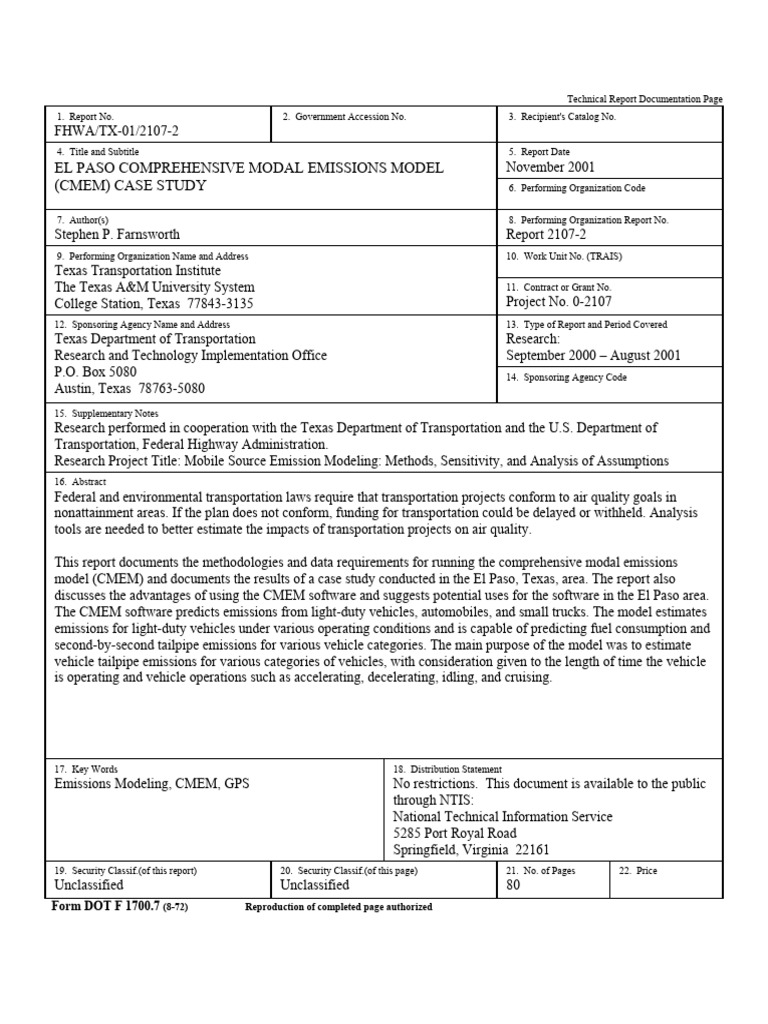 El Paso Comprehensive Modal Emissions Model (Cmem) Case Study | PDF