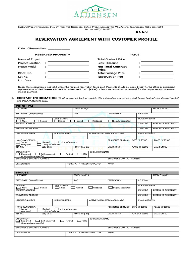 Reservation Agreement With Customer Profile - ADI (1) (4) (2) 2 | PDF ...