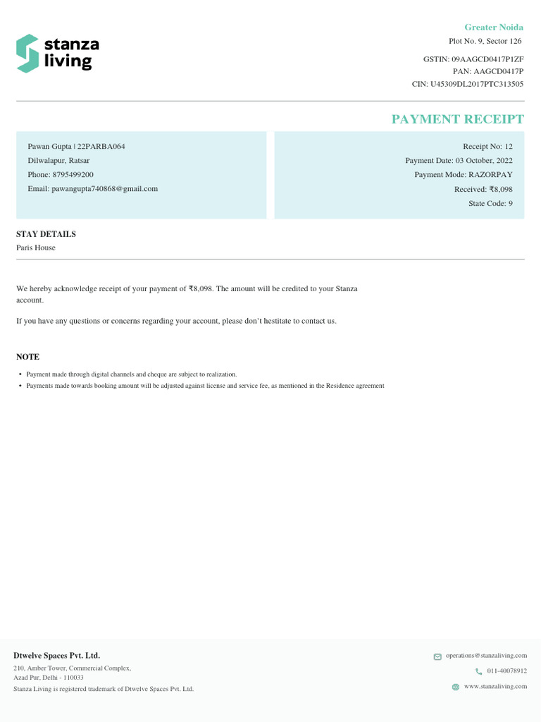 Payment Receipt: Stay Details | PDF | Payments | Business Law
