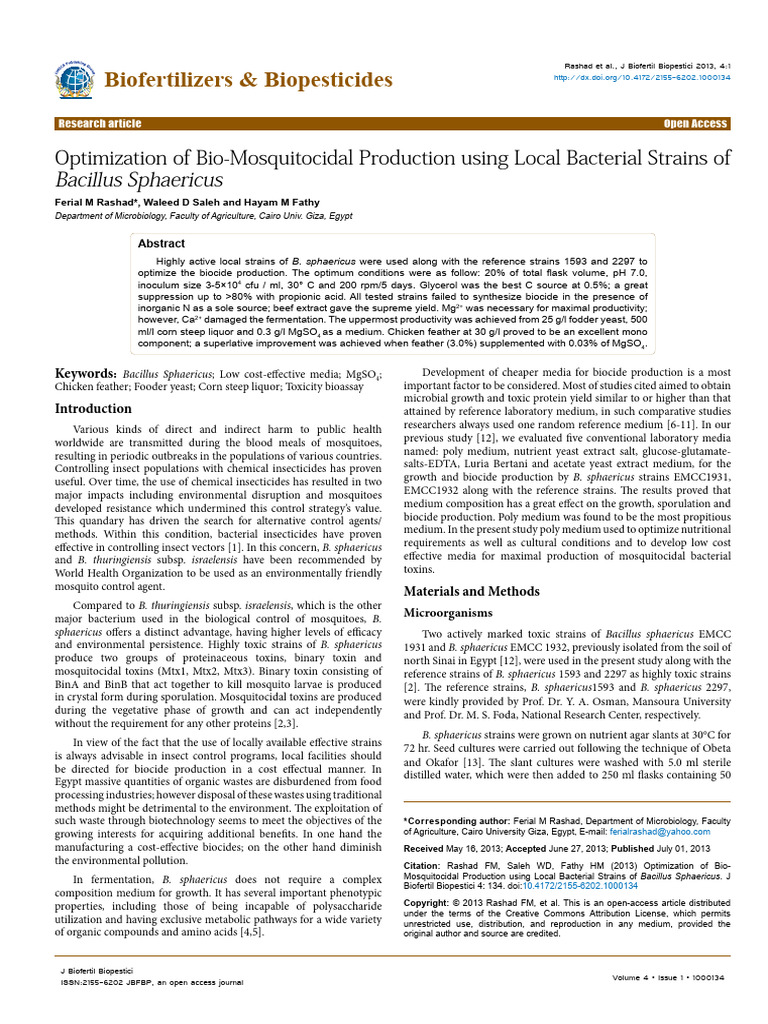 Optimization Of Bio Mosquitocidal Production Using Local Bacterial Strains Of Bacillus