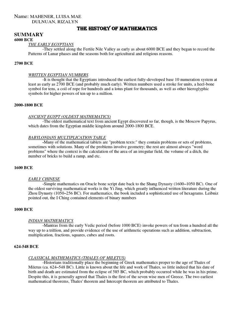 TIMELINE OF MATHEMATICS SUMMARY Final | PDF | Mathematics | Ancient Egypt