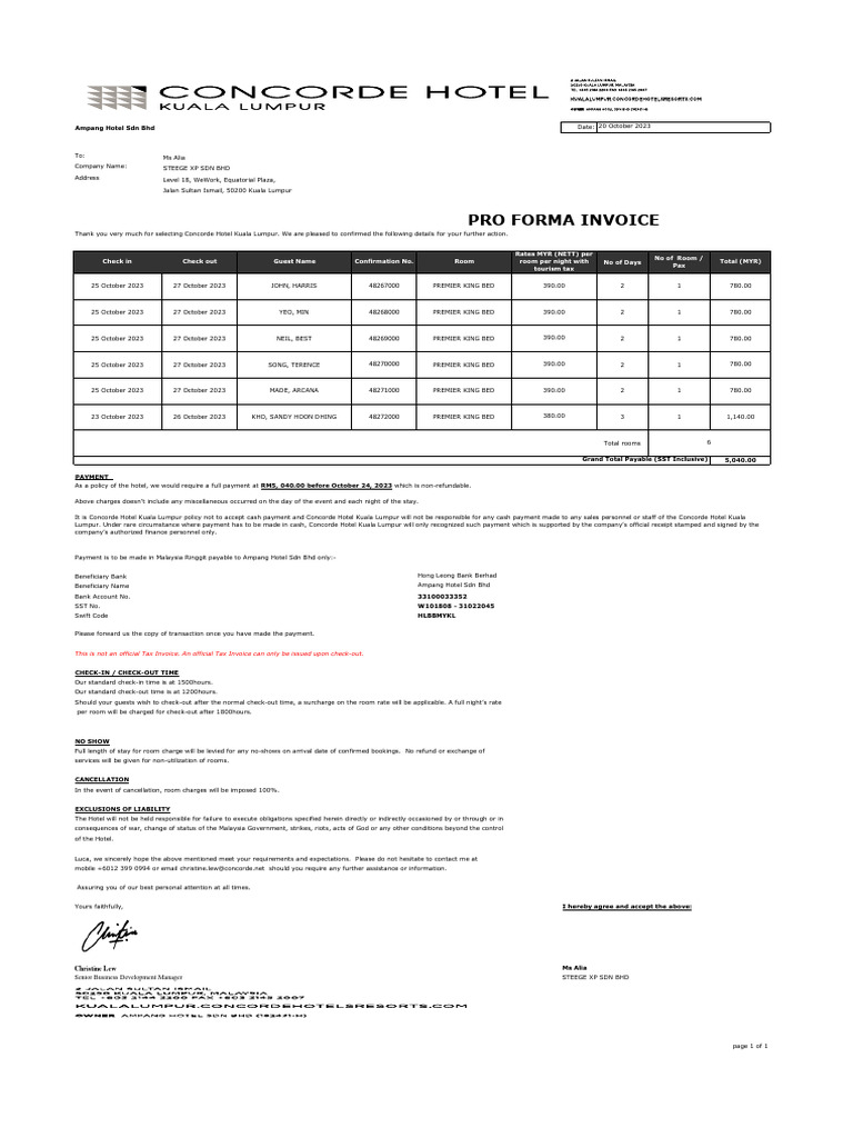 Proforma Invoice - Ampang Hotel (Concorde) | PDF | Payments | Taxes