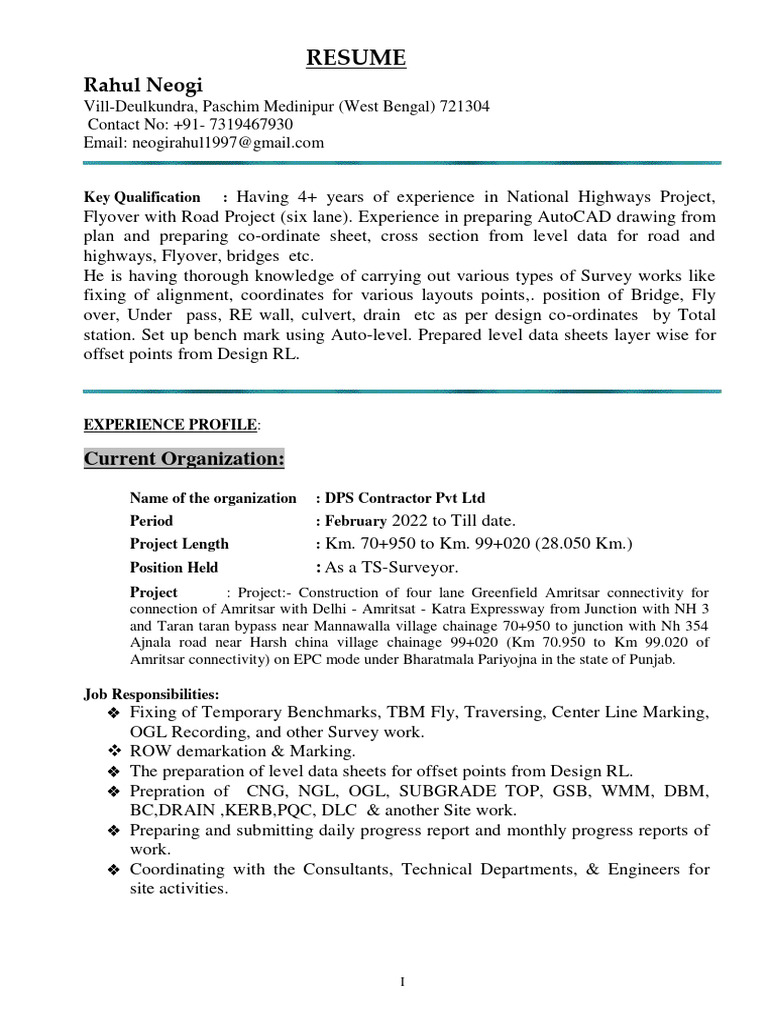 Bio-Data Rahul Neogi | PDF | Surveying | Road Infrastructure