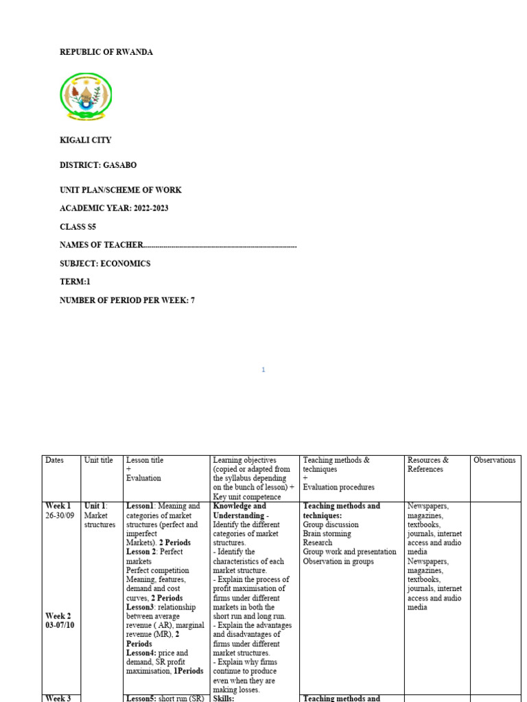 Economics Unit Plan S5 | PDF | Business