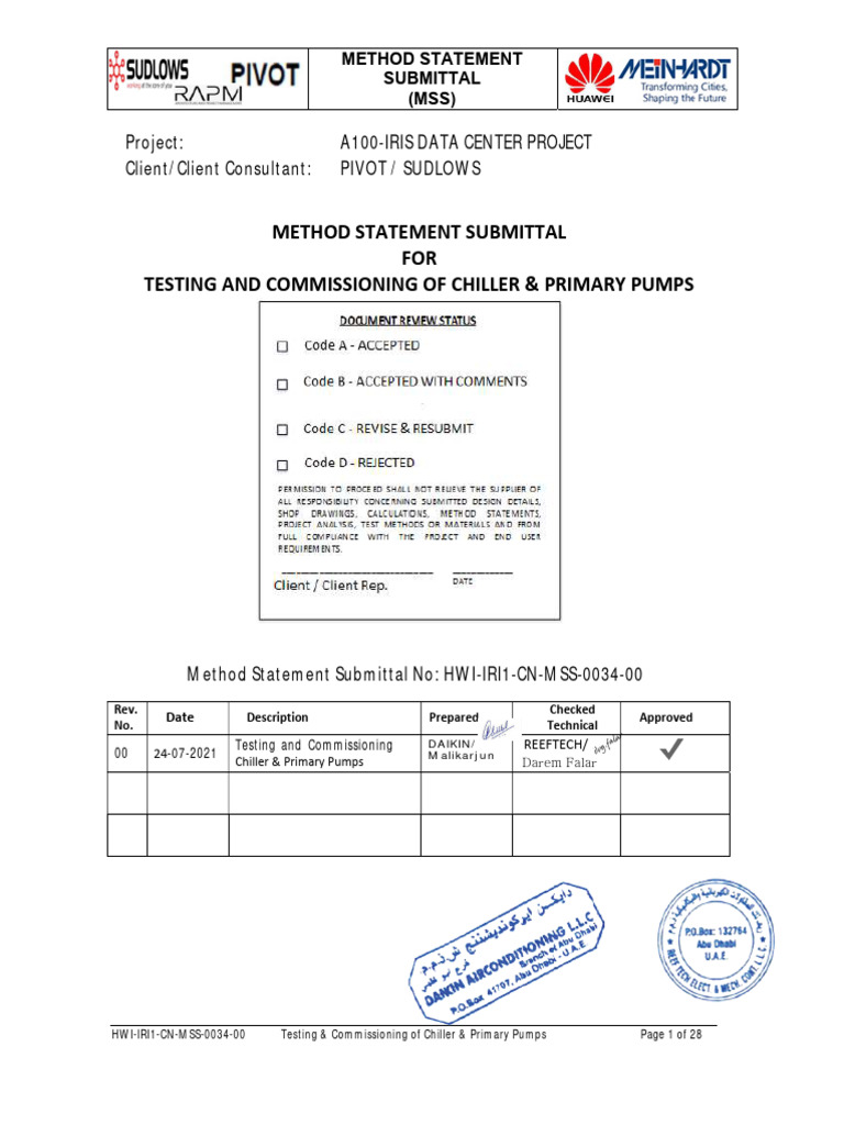 Method Statement T& C of Chiller and Primary Pumps | PDF