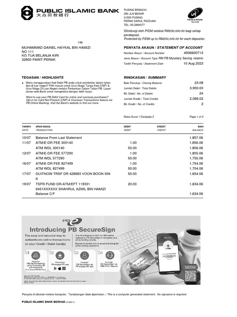 PB Debit Card Account Statement | PDF