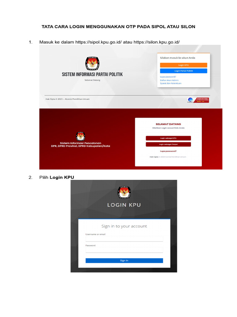 TATA CARA LOGIN MENGGUNAKAN OTP PADA SIPOL ATAU SILON | PDF