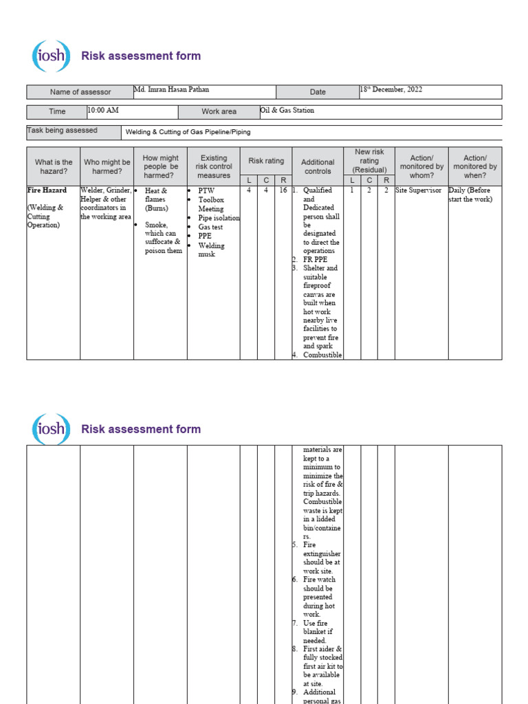 MS 5.0 (1) Risk Assessment Project | PDF | Fires | Welding