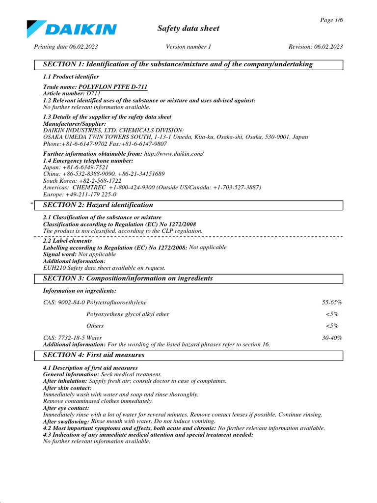 Safety Data Sheet: SECTION 1: Identification of The Substance/mixture and of The Company ...