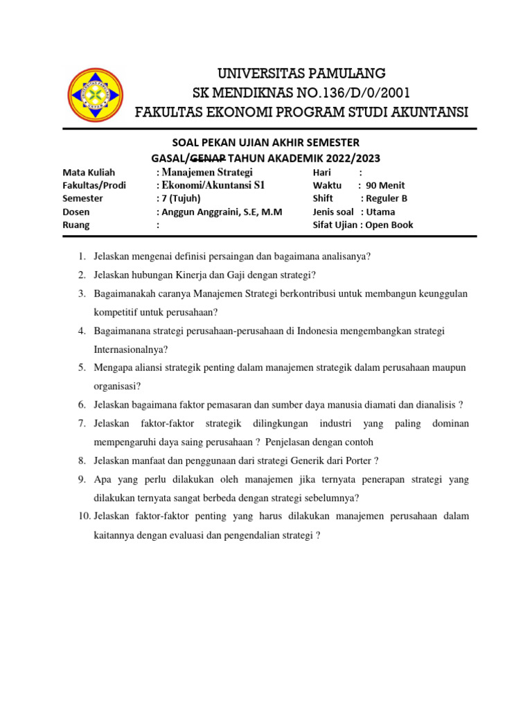 Soal Uas Manajemen Strategi Reg C Gasal 2022-2023 | PDF