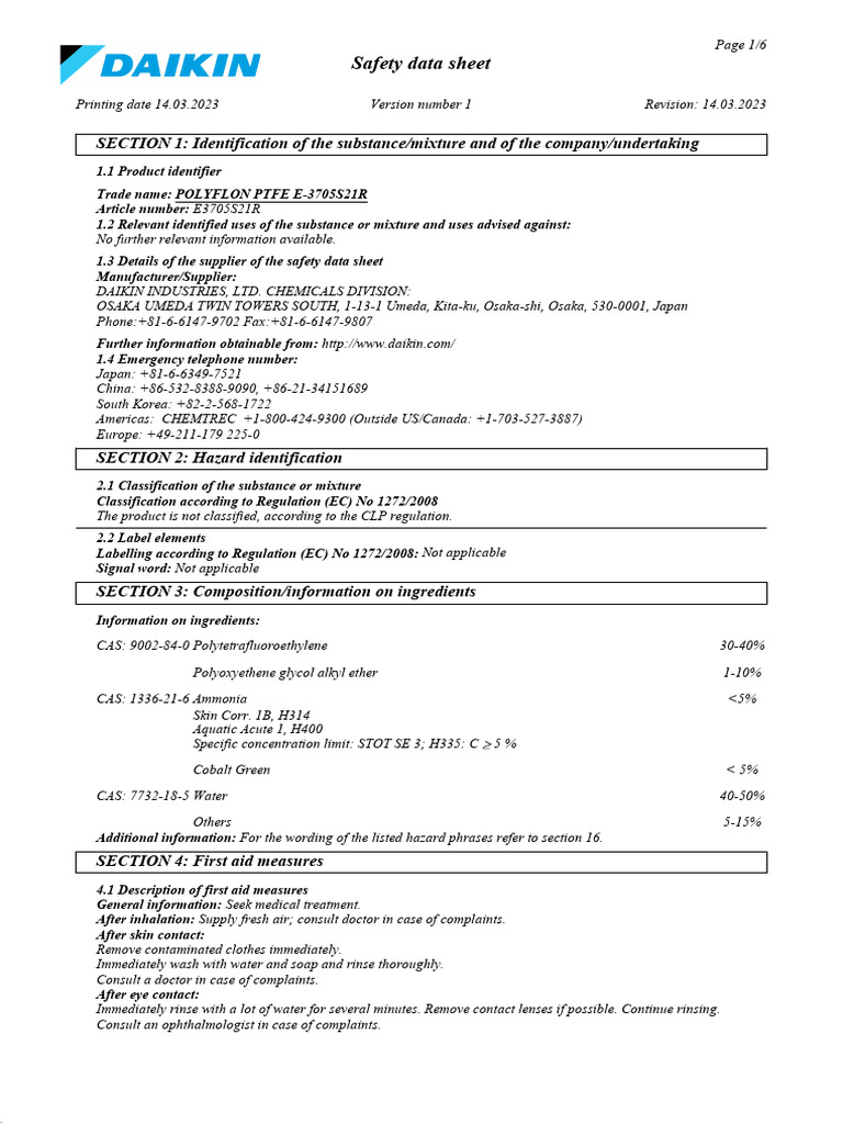Safety Data Sheet for POLYFLON PTFE E-3705S21R | PDF | Chemical ...