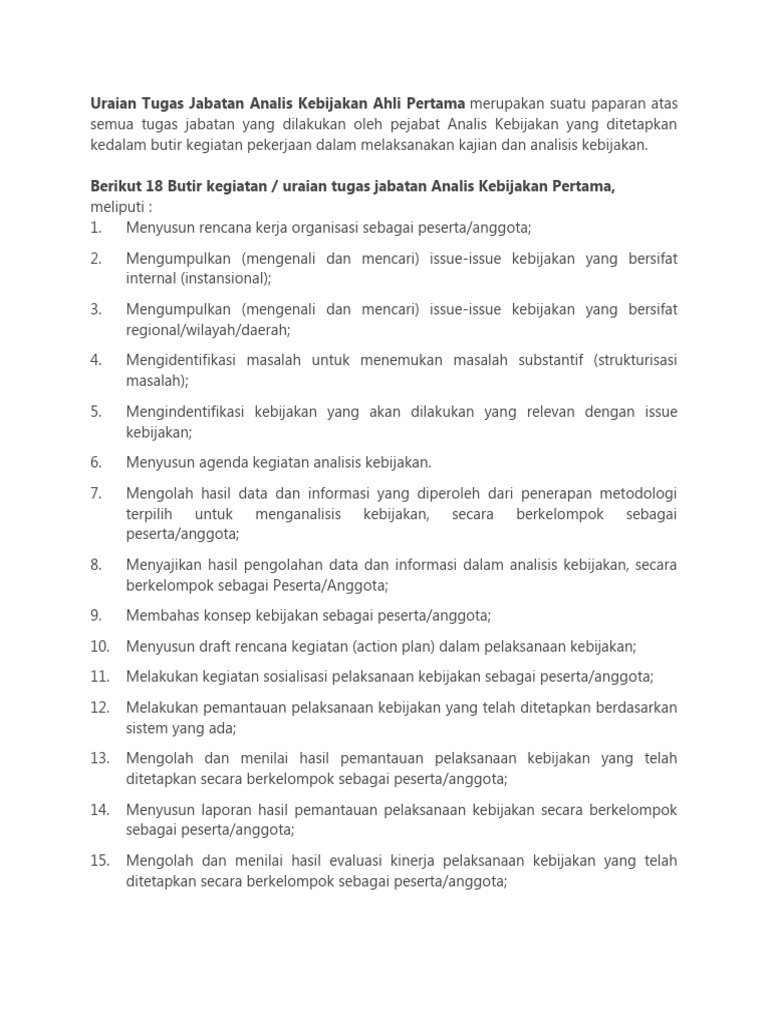 Tugas Analis Kebijakan Ahli Pertama | PDF