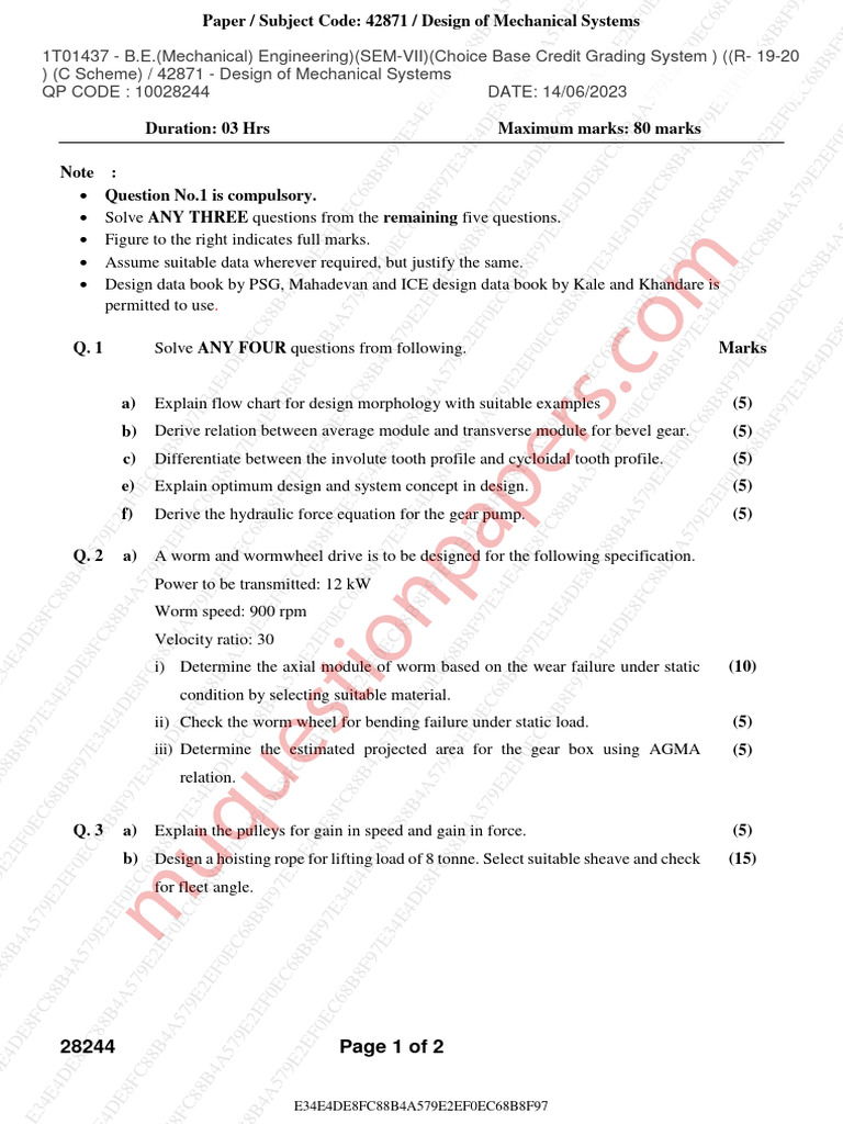 Be - Mechanical Engineering - Semester 7 - 2023 - May - Design of Mechanical System Rev 2019 C ...