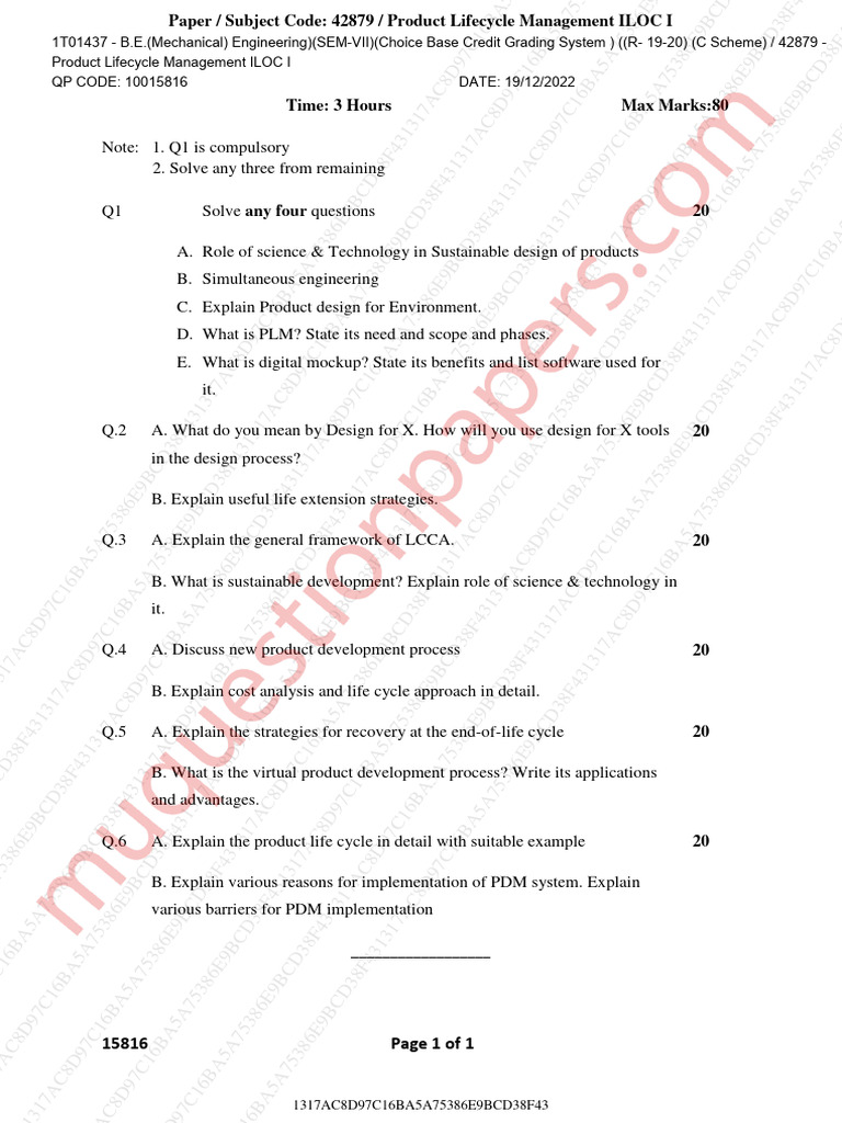 Be - Mechanical Engineering - Semester 7 - 2022 - December - Iloc I Product Lifecycle Management ...