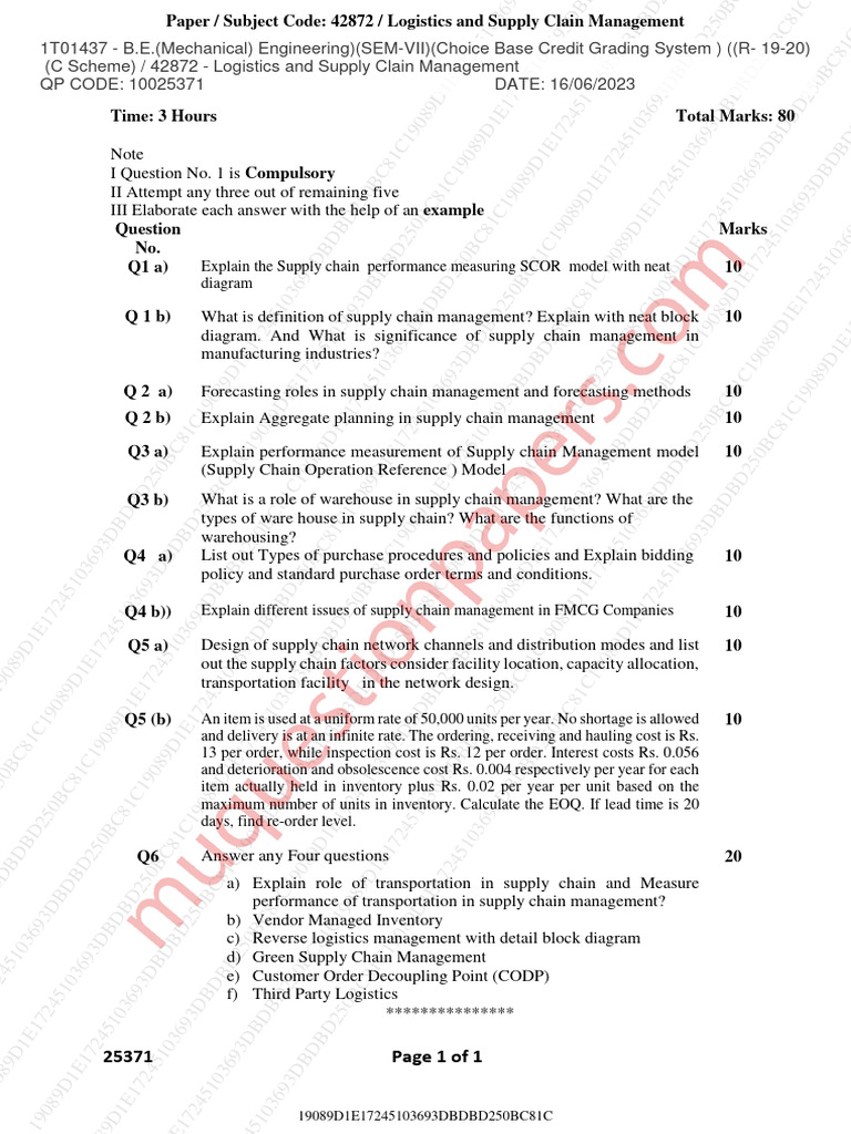 Be Mechanical Engineering Semester 7 2023 May Logistics and Supply Chain Management Rev 2019 C ...