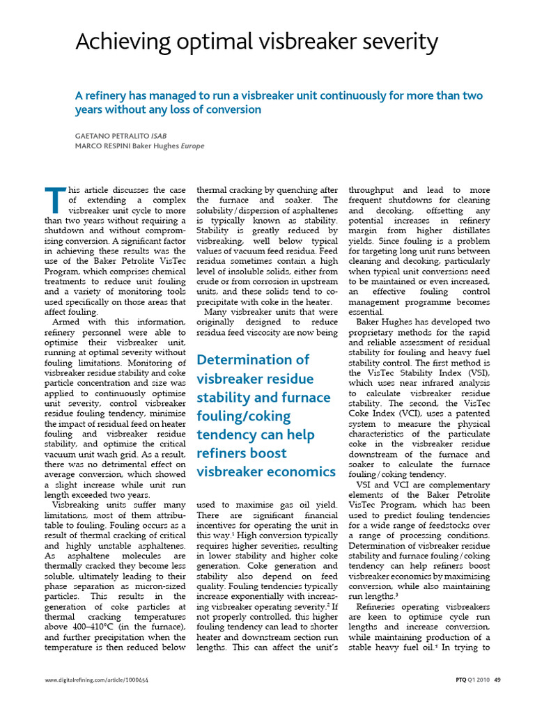 Achieving Optimal Visbreaker Severity | PDF | Chemical Process ...