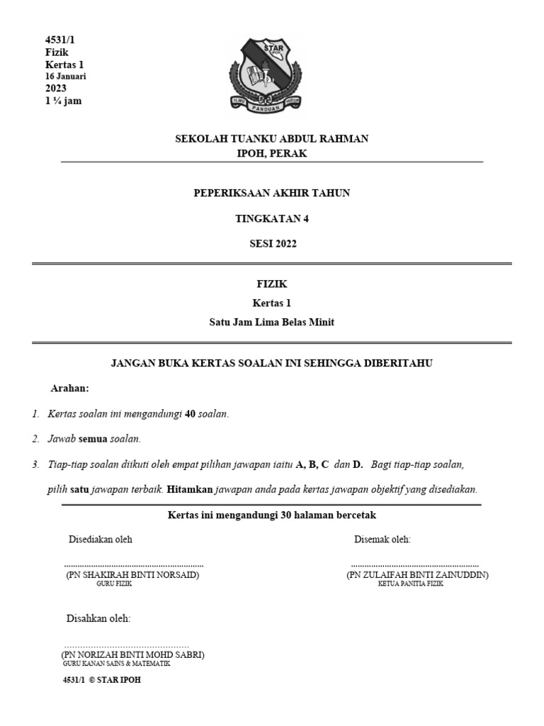 Cover Exam Paper 1,2 & 3 Fizik F4 2022 | PDF