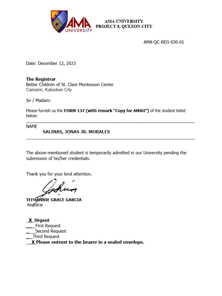 Ama Request Letter F137 | PDF